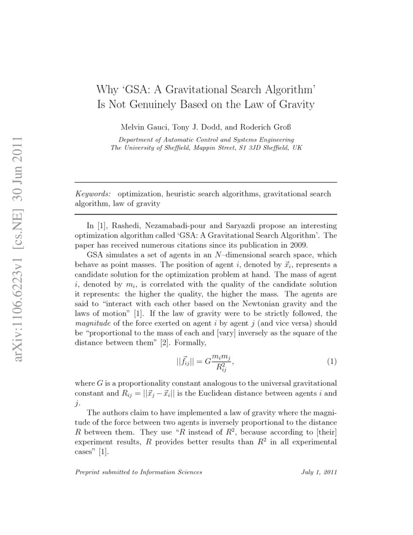 Why Gsa A Gravitational Search Algorithm Is Not Genuinely Based On The Law Of Gravity Deepai 5623