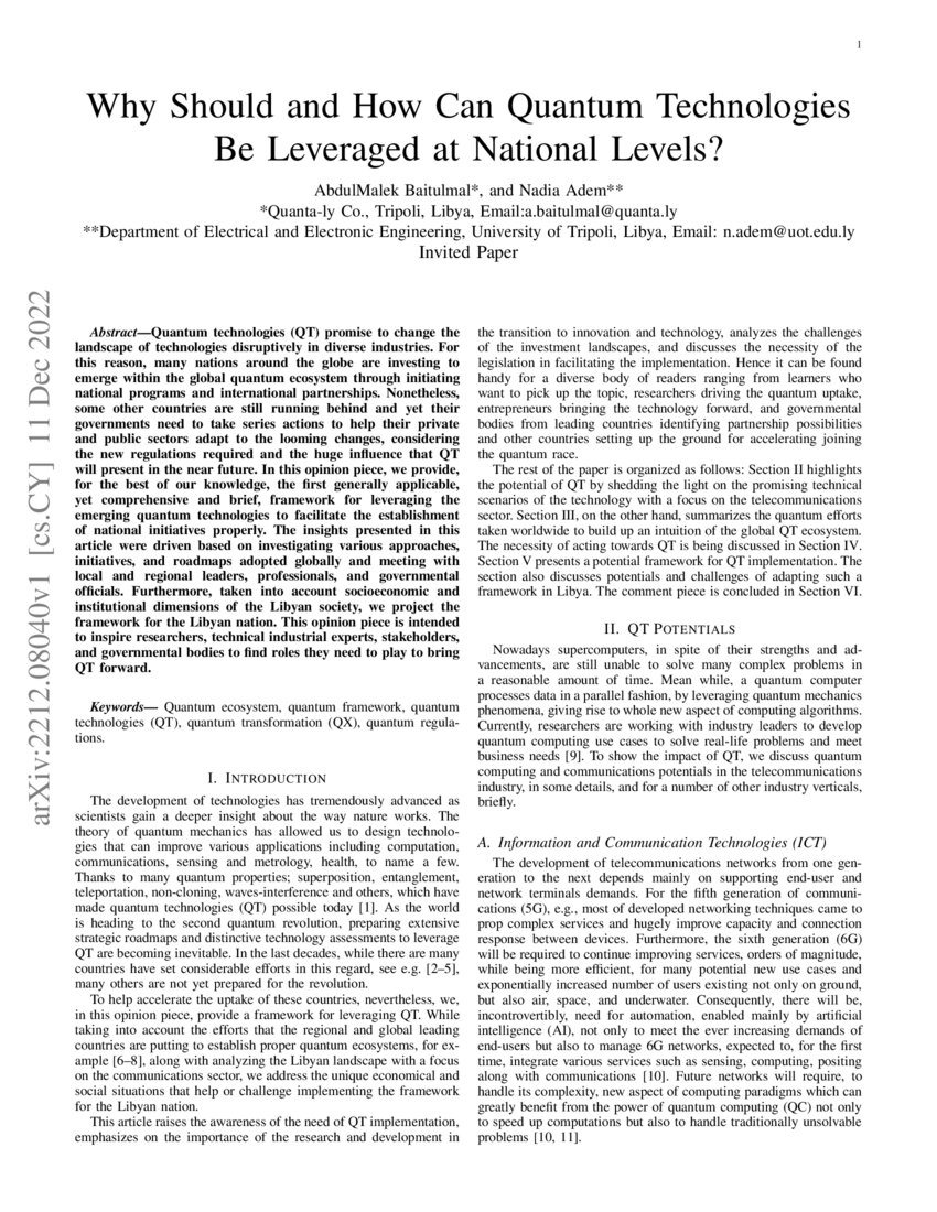 Why Should and How Can Quantum Technologies Be Leveraged at National Levels? | DeepAI