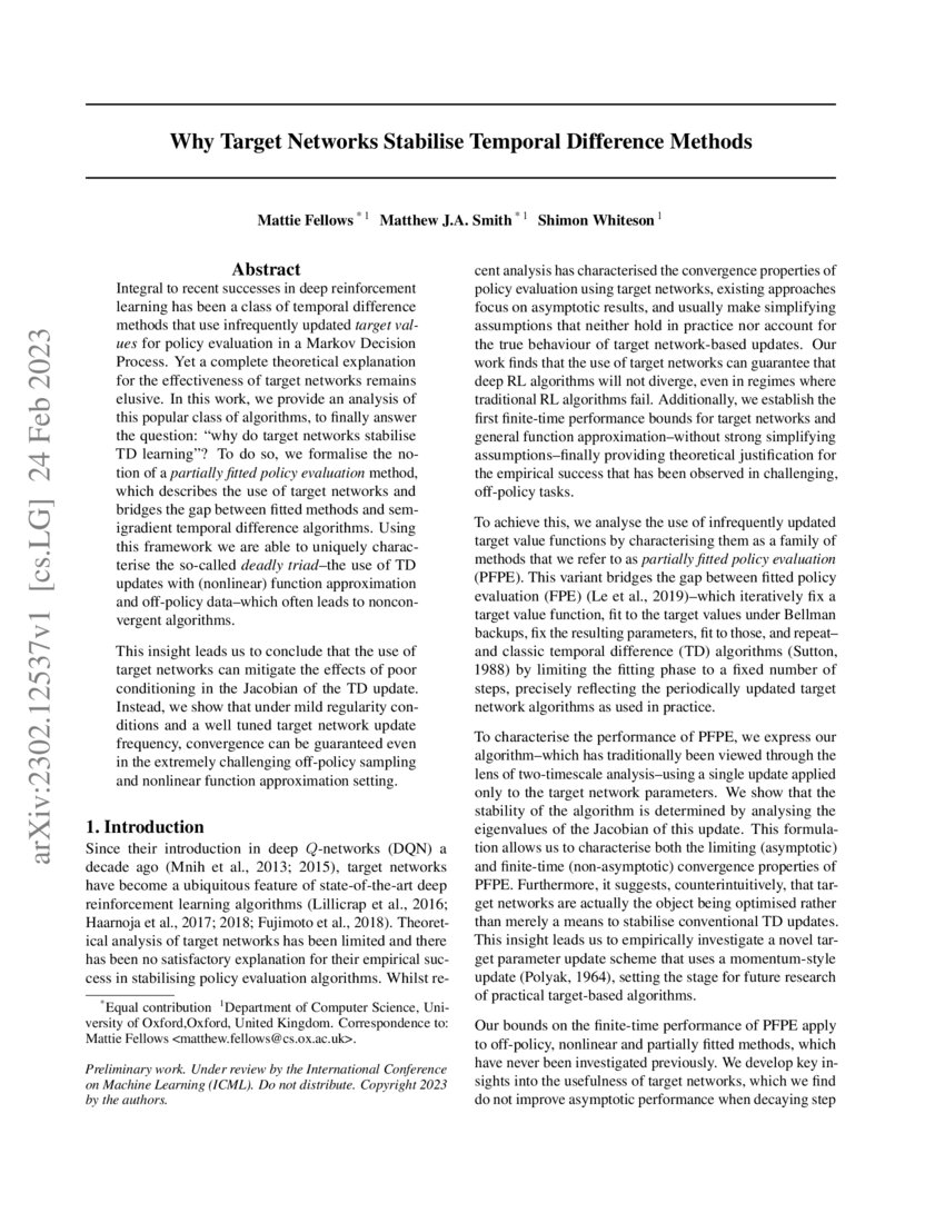 Why Target Networks Stabilise Temporal Difference Methods | DeepAI