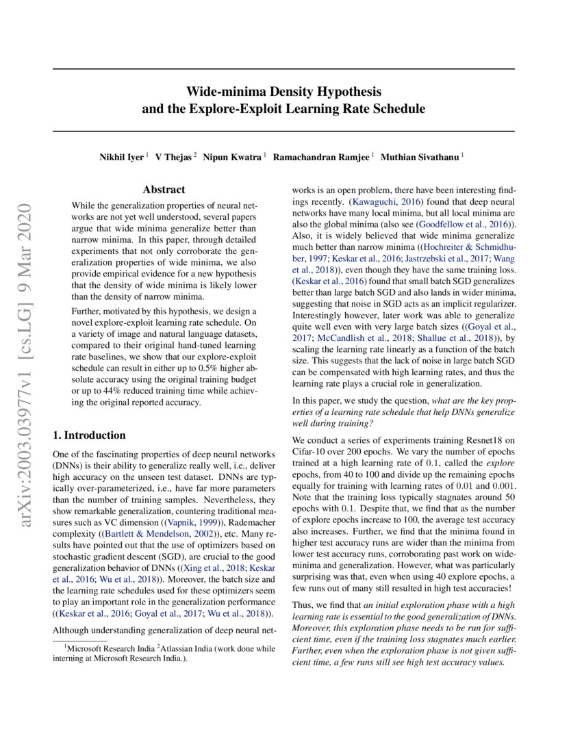 Wide-minima Density Hypothesis and the Explore-Exploit Learning Rate Schedule | DeepAI