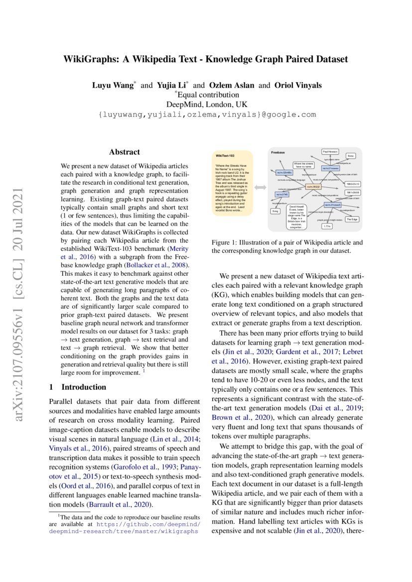 WikiGraphs: A Wikipedia Text - Knowledge Graph Paired Dataset | DeepAI