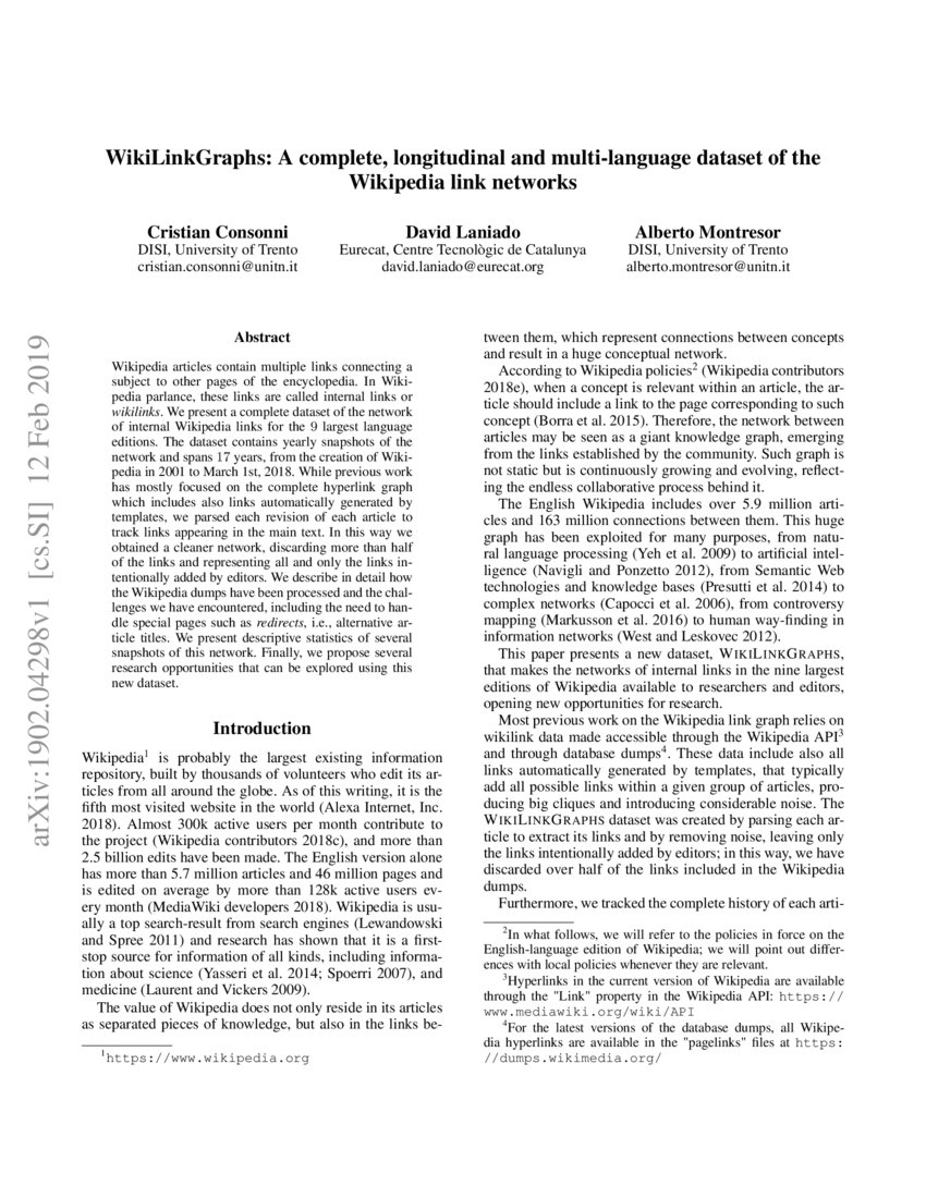 WikiLinkGraphs: A complete, longitudinal and multi-language dataset of ...