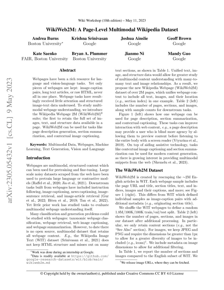 WikiWeb2M: A Page-Level Multimodal Wikipedia Dataset | DeepAI