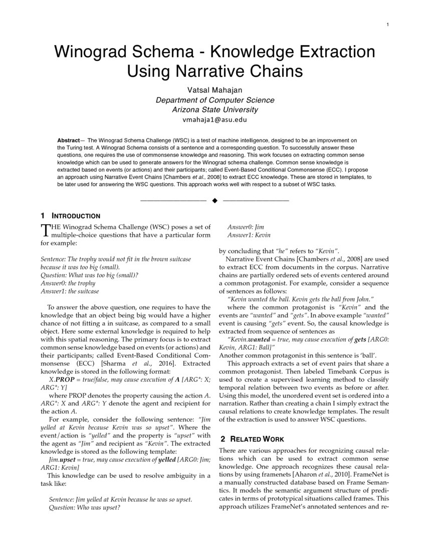 Winograd Schema - Knowledge Extraction Using Narrative Chains | DeepAI