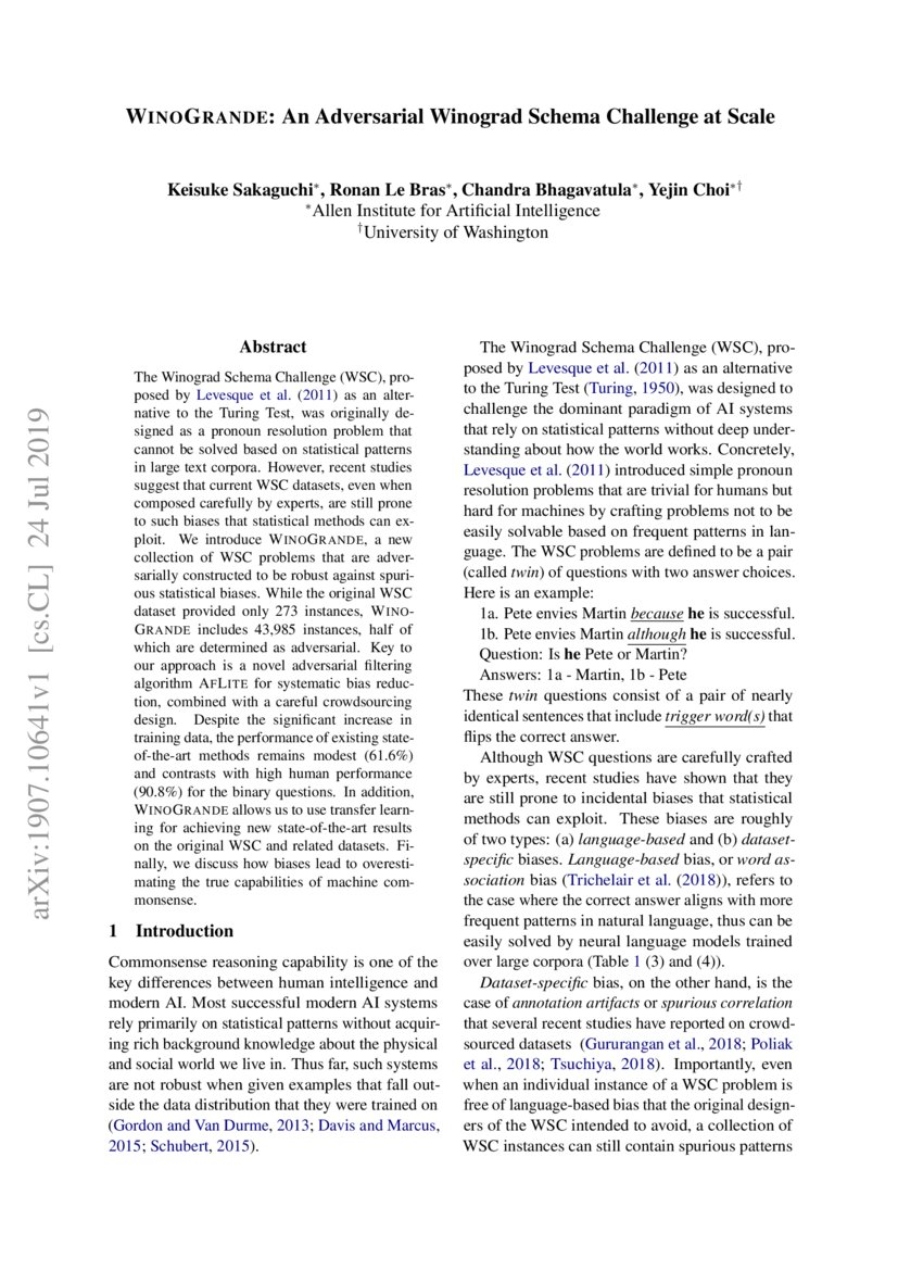 WINOGRANDE: An Adversarial Winograd Schema Challenge at Scale | DeepAI