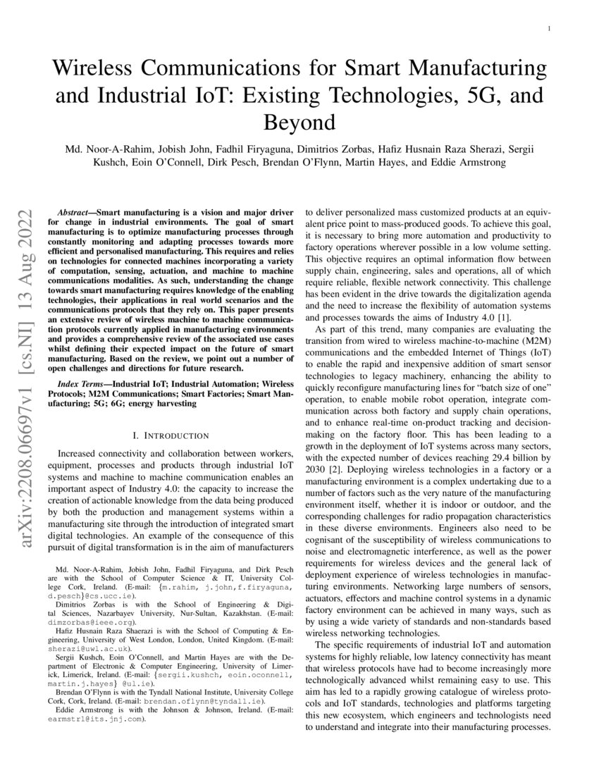 Wireless Communications for Smart Manufacturing and Industrial IoT ...