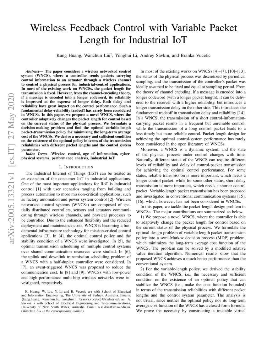 Wireless Feedback Control with Variable Packet Length for Industrial IoT | DeepAI