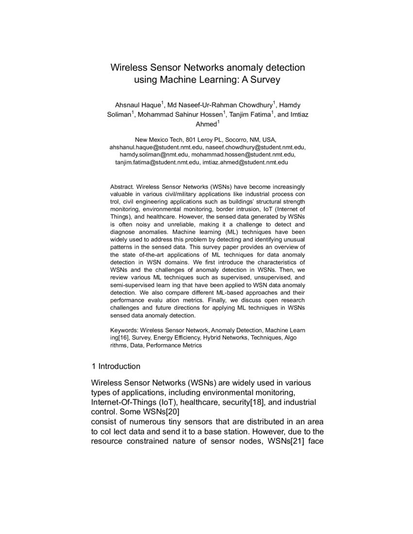 Wireless Sensor Networks anomaly detection using Machine Learning: A ... Wireless Sensor Networks anomaly detection using Machine Learning: A ...