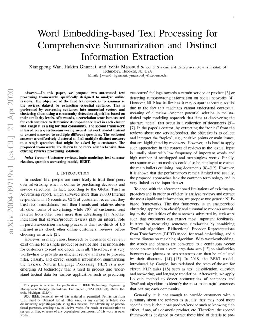 Word Embedding Based Text Processing For Comprehensive Summarization And Distinct Information