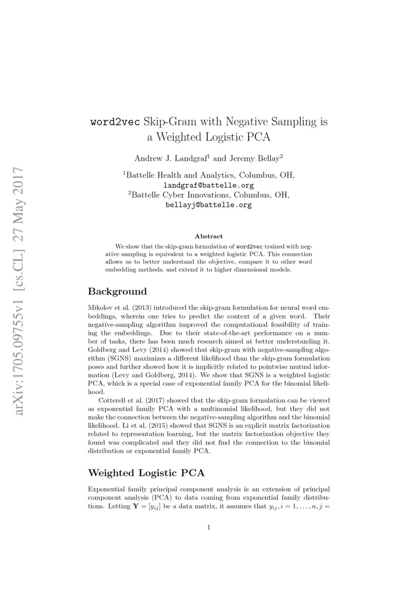 word2vec Skip-Gram with Negative Sampling is a Weighted Logistic PCA | DeepAI