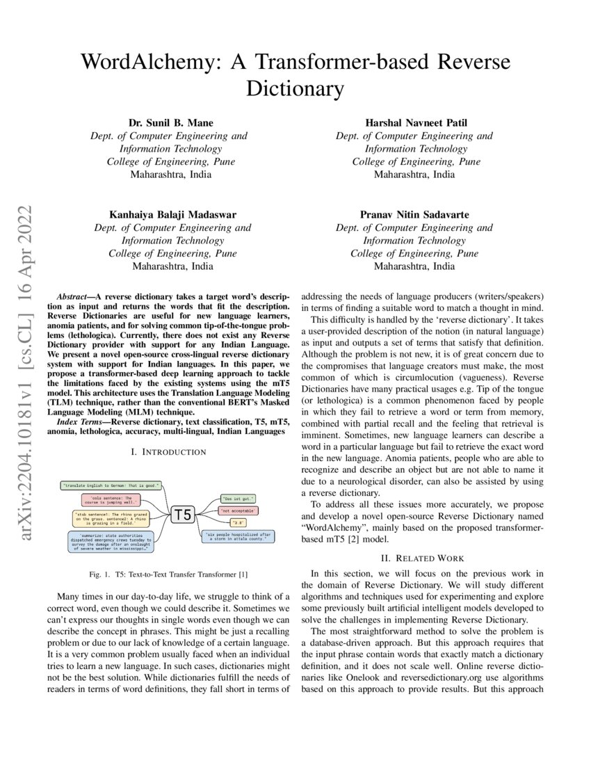WordAlchemy: A transformer-based Reverse Dictionary | DeepAI