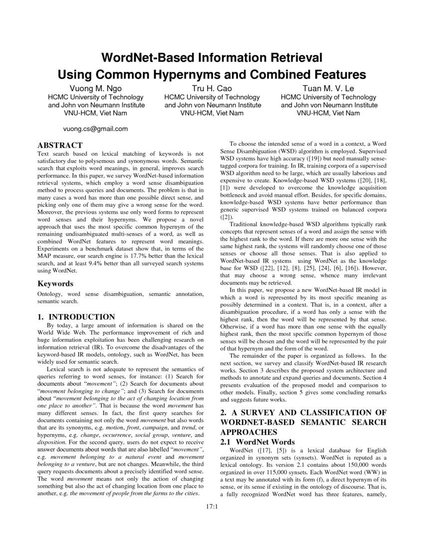 WordNet-Based Information Retrieval Using Common Hypernyms and Combined Features | DeepAI