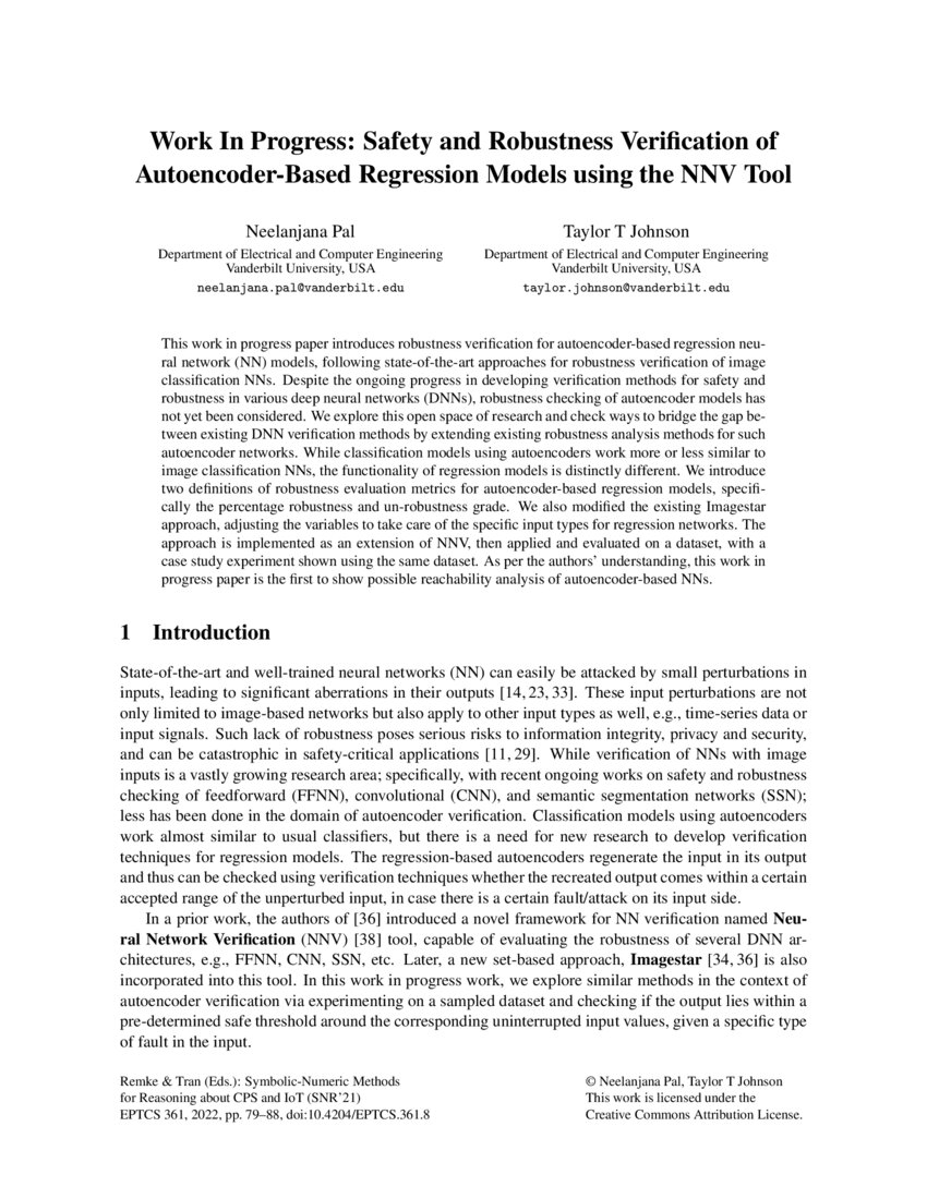 Work In Progress Safety And Robustness Verification Of Autoencoder