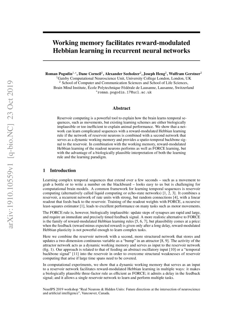 Working memory facilitates reward-modulated Hebbian learning in ...