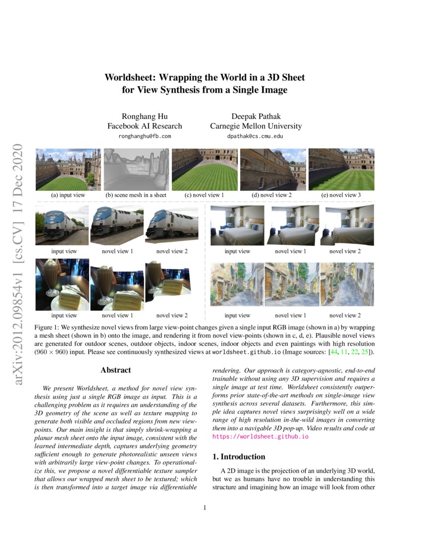 Worldsheet: Wrapping the World in a 3D Sheet for View Synthesis from a Single Image | DeepAI