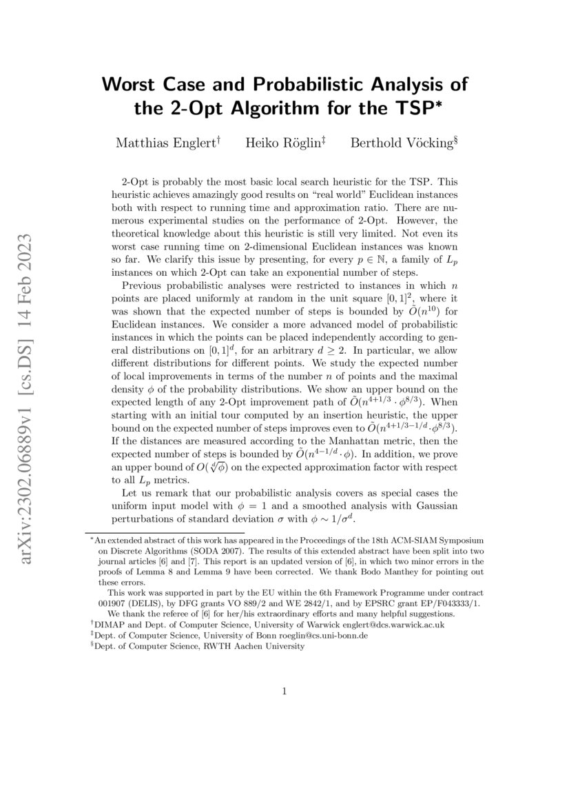 Worst Case and Probabilistic Analysis of the 2-Opt Algorithm for the TSP | DeepAI