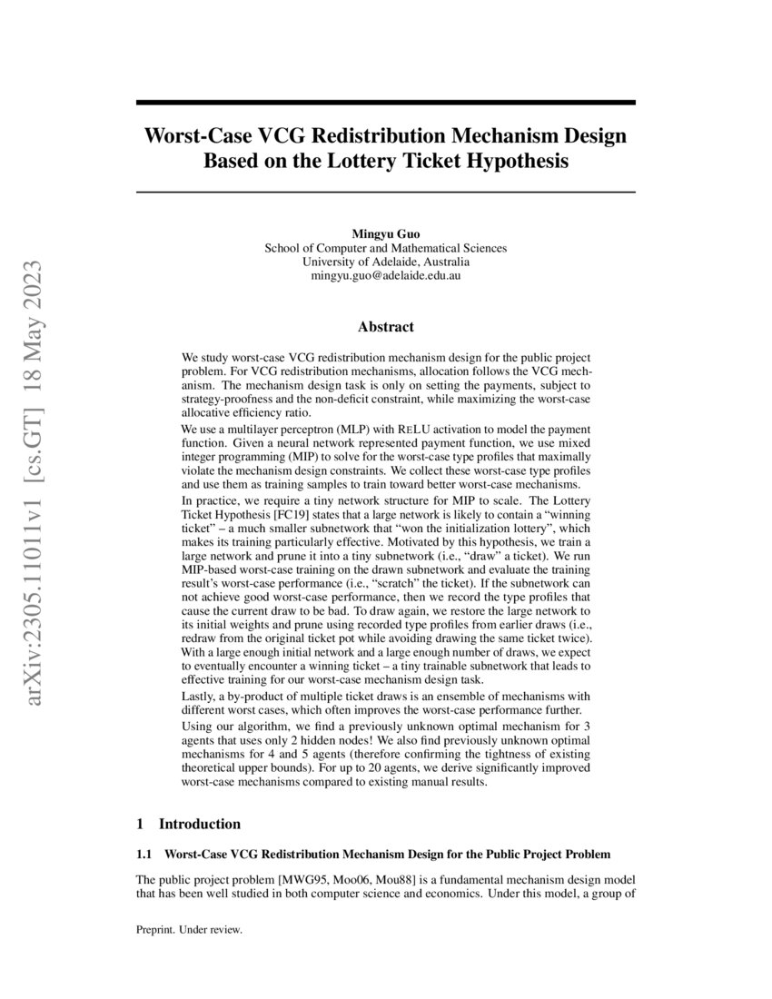 Worst-Case VCG Redistribution Mechanism Design Based on the Lottery Ticket Hypothesis | DeepAI