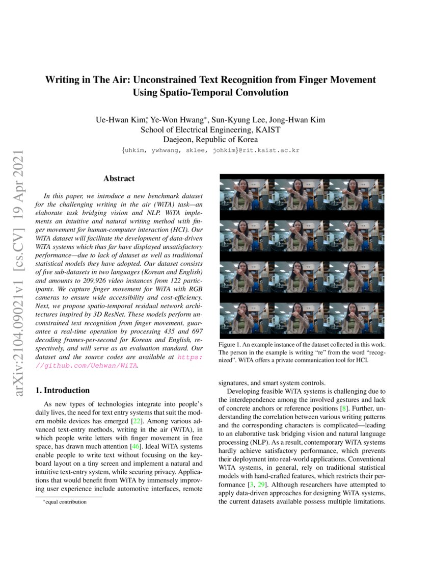 Writing In The Air Unconstrained Text Recognition From Finger Movement Using Spatio Temporal