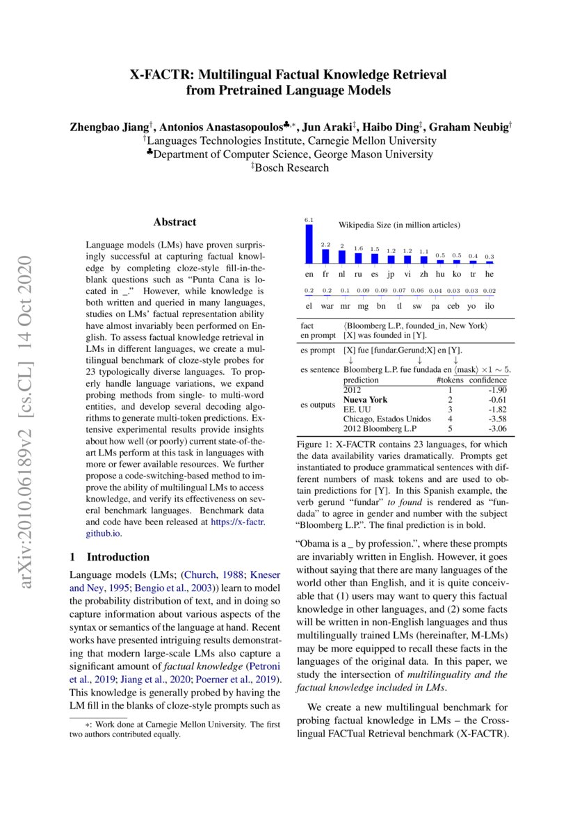 X-FACTR: Multilingual Factual Knowledge Retrieval from Pretrained Language Models | DeepAI