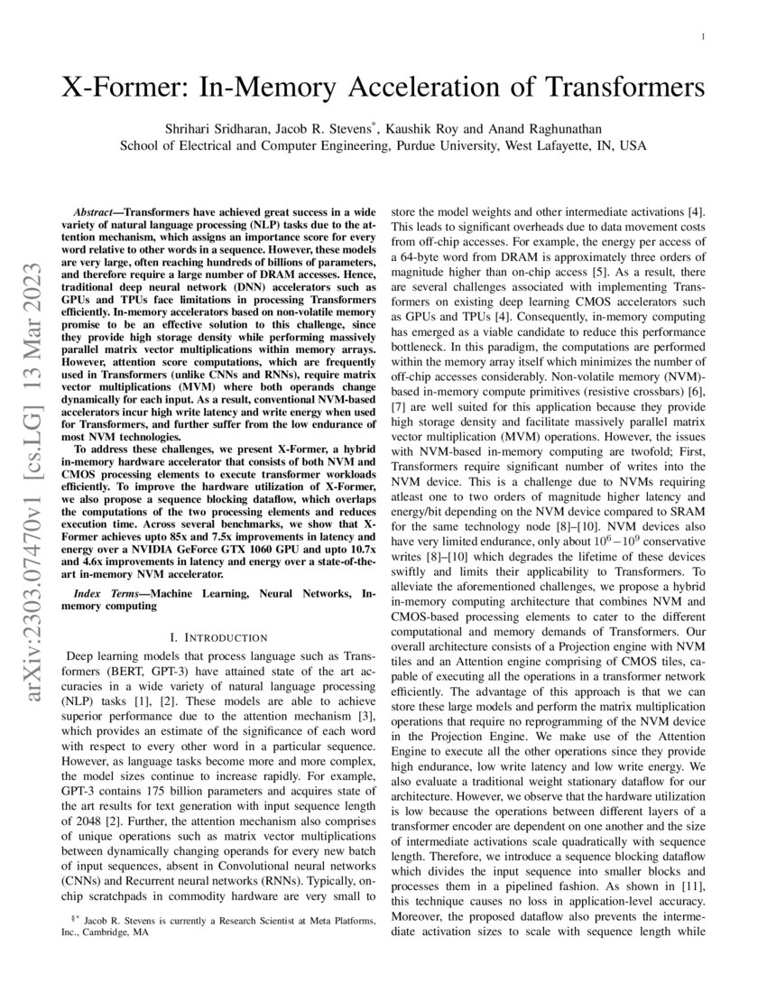 X-Former: In-Memory Acceleration of Transformers | DeepAI