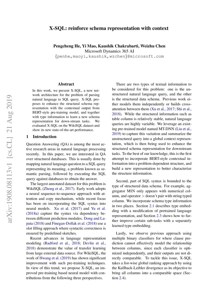 X-SQL: reinforce schema representation with context | DeepAI