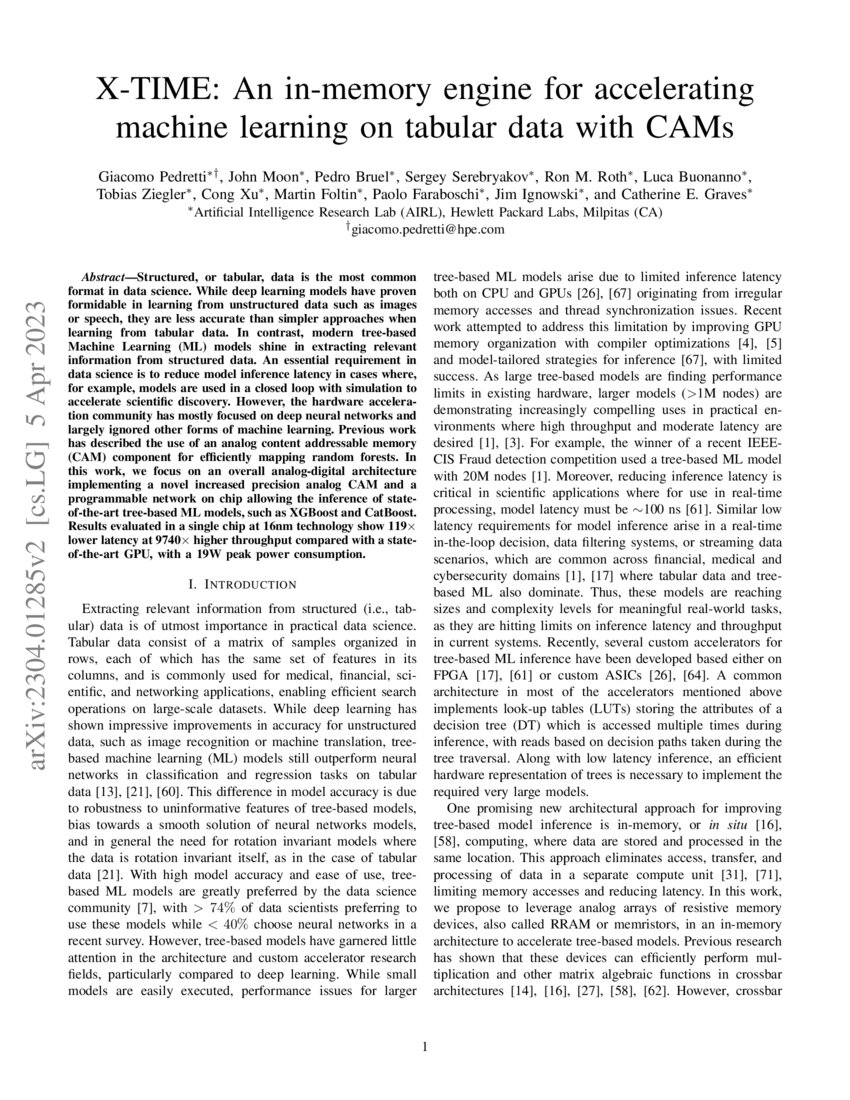 X-TIME: An in-memory engine for accelerating machine learning on tabular data with CAMs | DeepAI