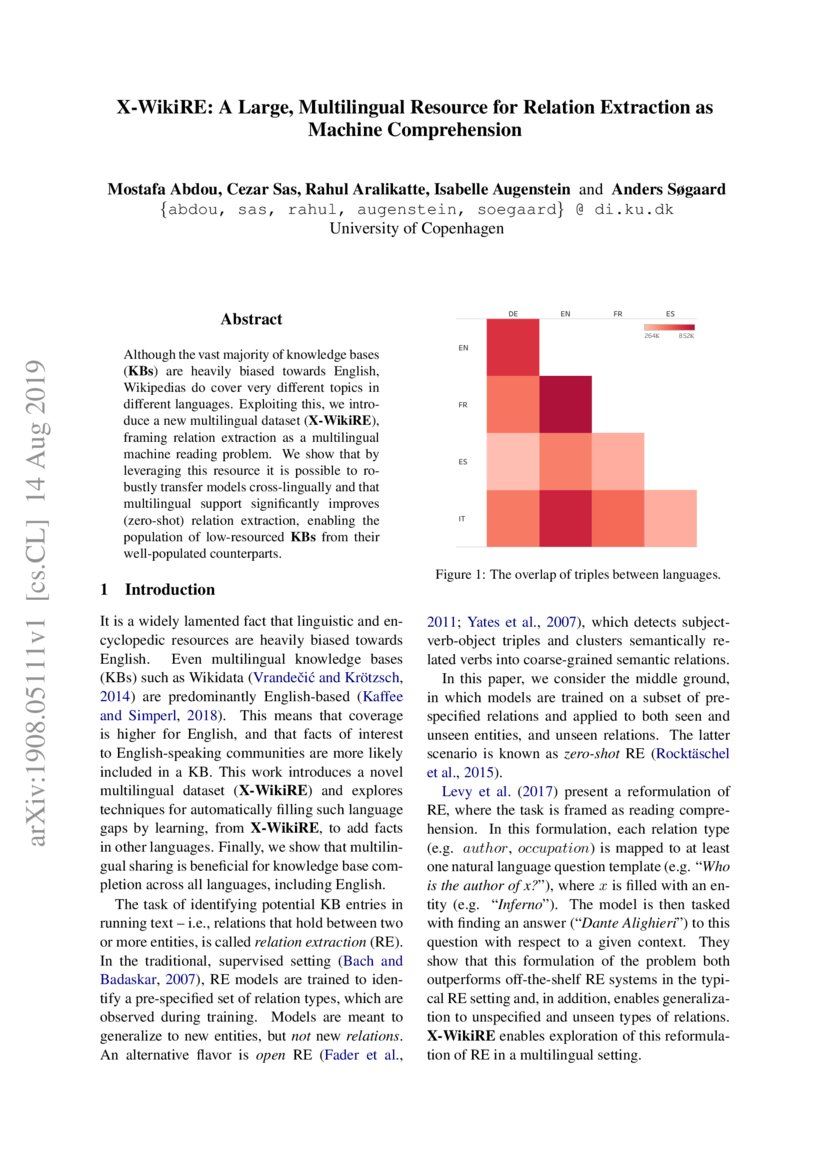 X Wikire A Large Multilingual Resource For Relation Extraction Asmachine Comprehension Deepai
