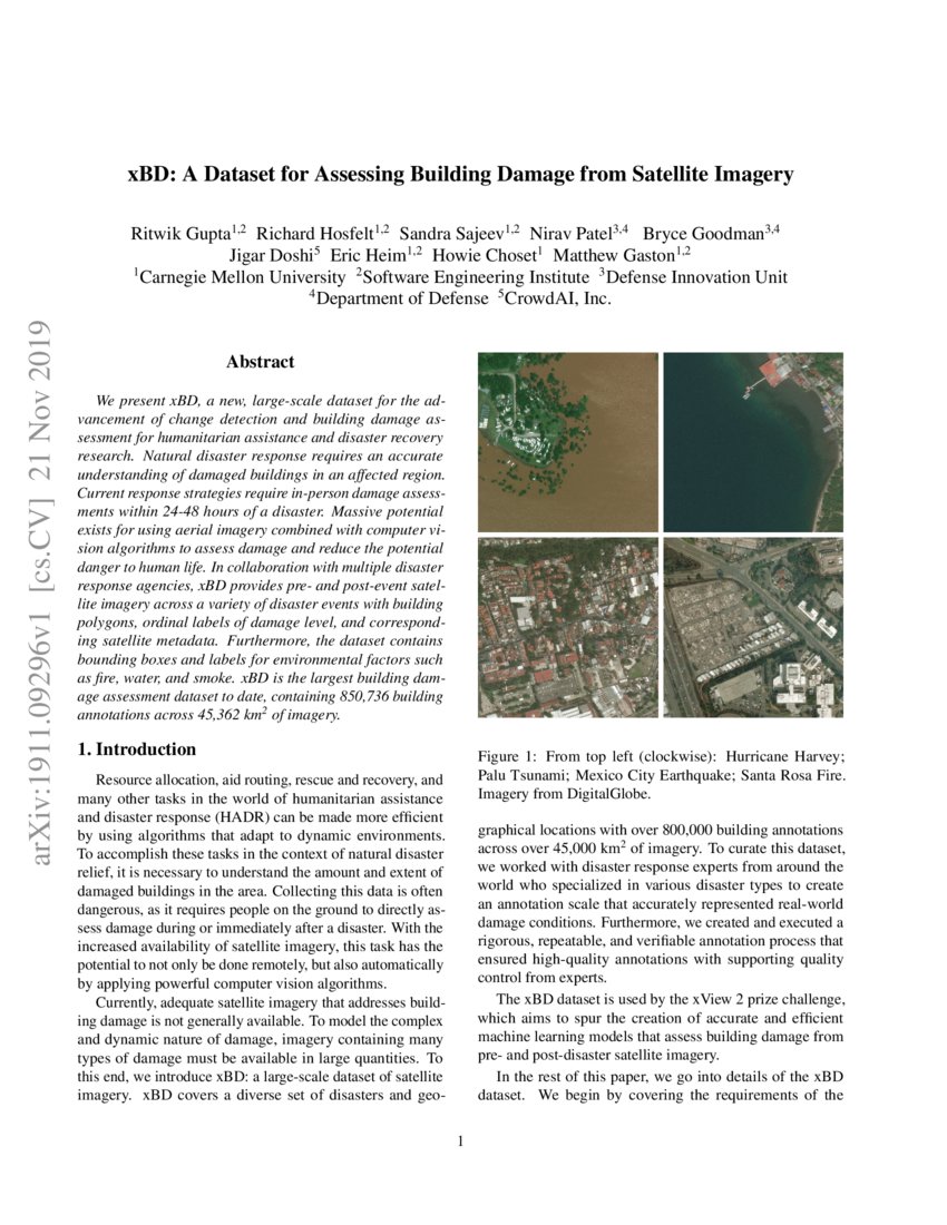 xBD: A Dataset for Assessing Building Damage from Satellite Imagery ...