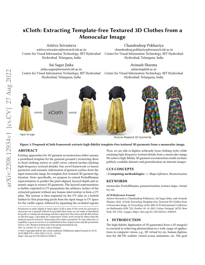 xCloth: Extracting Template-free Textured 3D Clothes from a Monocular ...