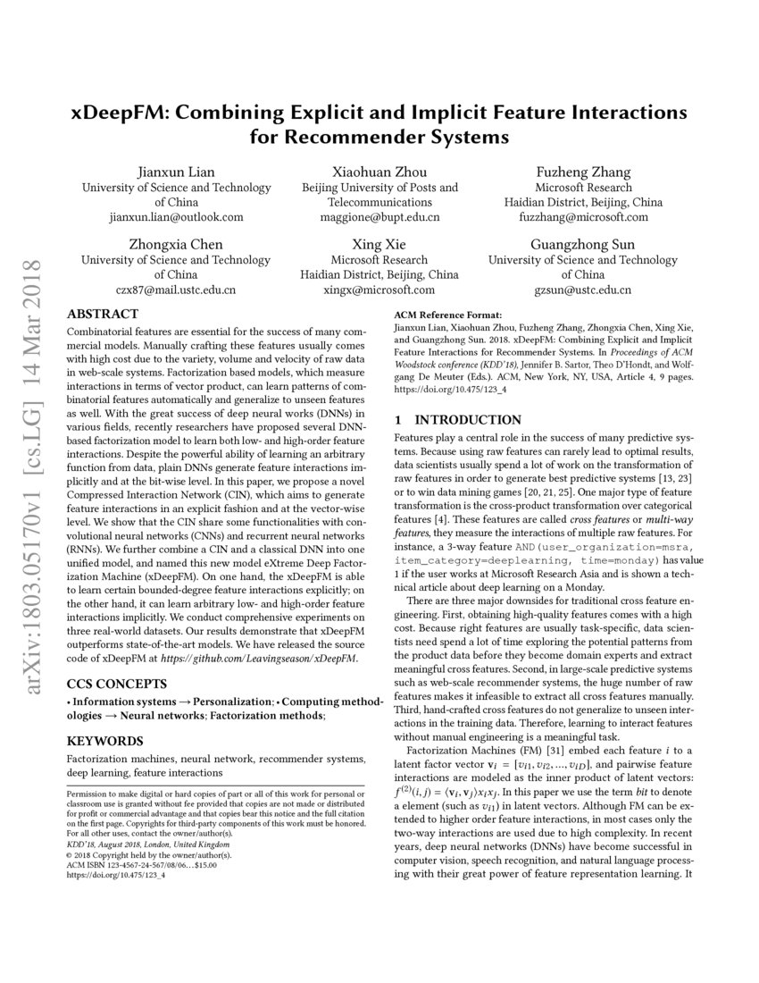 Xdeepfm Combining Explicit And Implicit Feature Interactions For Recommender Systems Deepai