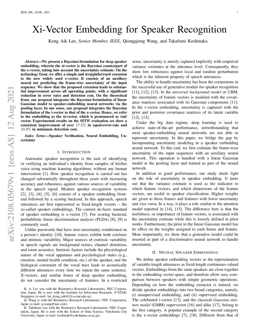 Xi-Vector Embedding for Speaker Recognition | DeepAI