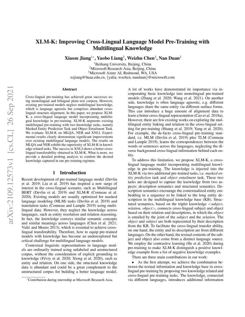 XLM-K: Improving Cross-Lingual Language Model Pre-Training with Multilingual Knowledge | DeepAI