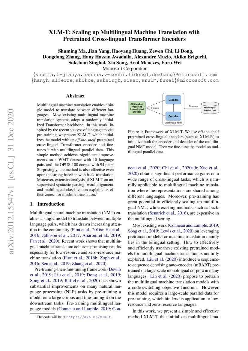 XLM-T: Scaling up Multilingual Machine Translation with Pretrained Cross-lingual Transformer ...
