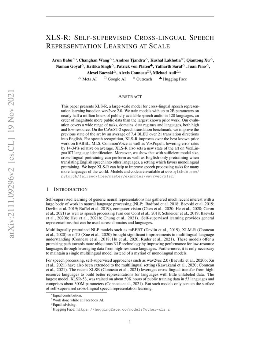 XLS-R: Self-supervised Cross-lingual Speech Representation Learning at ... XLS-R: Self-supervised Cross-lingual Speech Representation Learning at ...