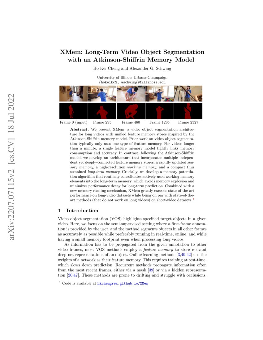 Xmem Long Term Video Object Segmentation With An Atkinson Shiffrin Memory Model Deepai