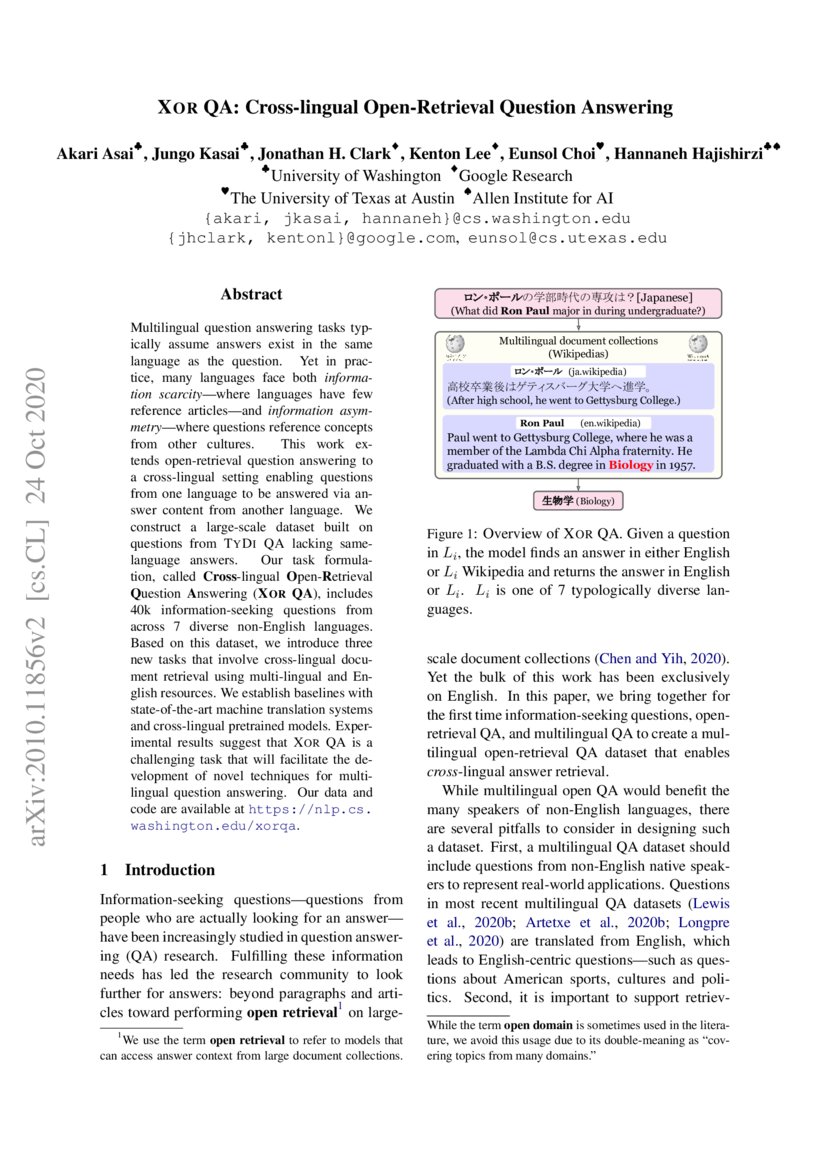 XOR QA: Cross-lingual Open-Retrieval Question Answering | DeepAI