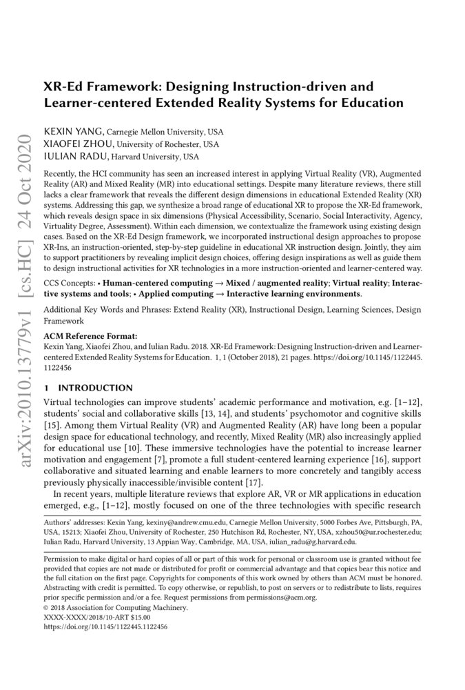 XR-Ed Framework: Designing Instruction-driven andLearner-centered Extended Reality Systems for ...