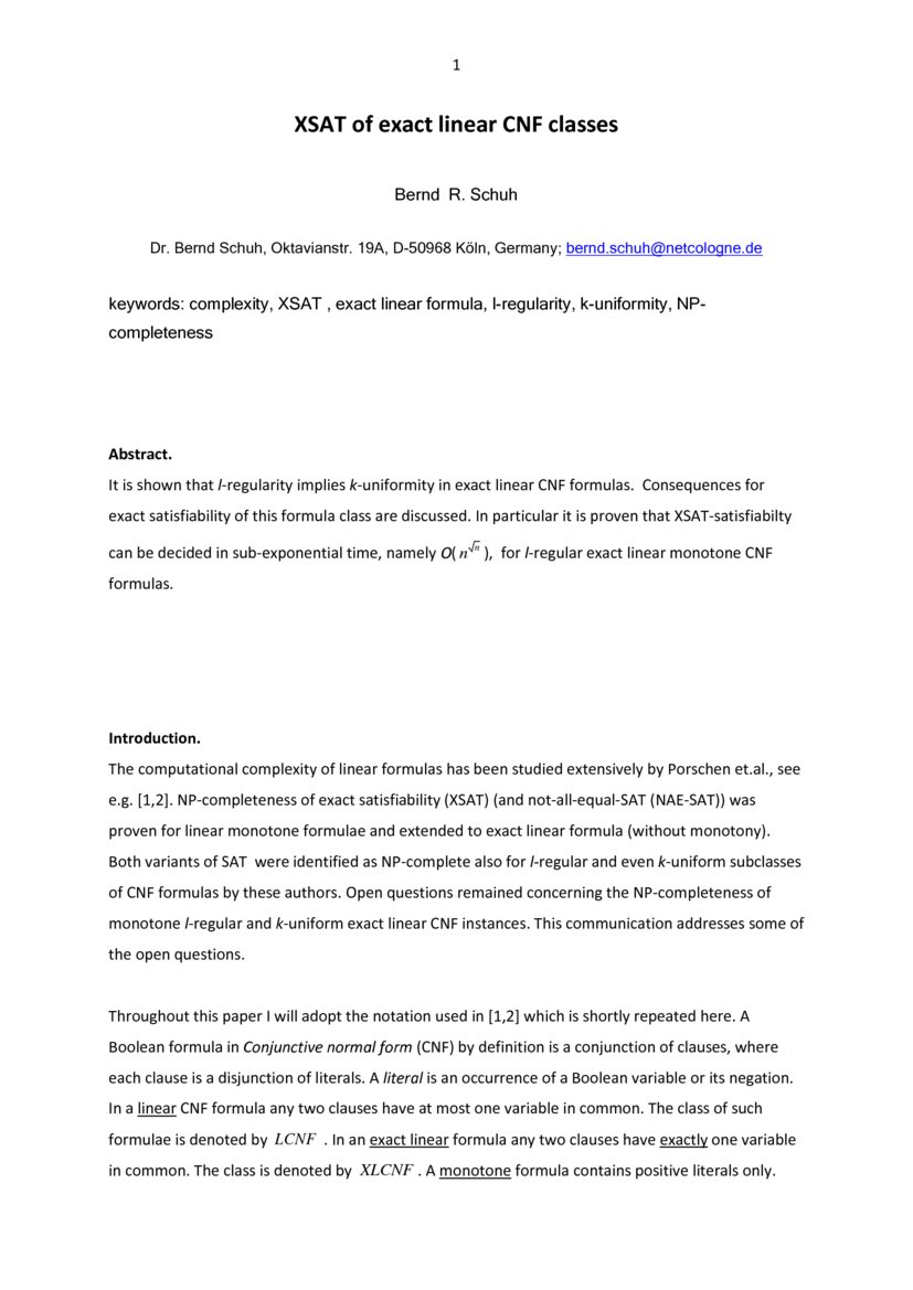 XSAT of Exact Linear CNF Classes | DeepAI