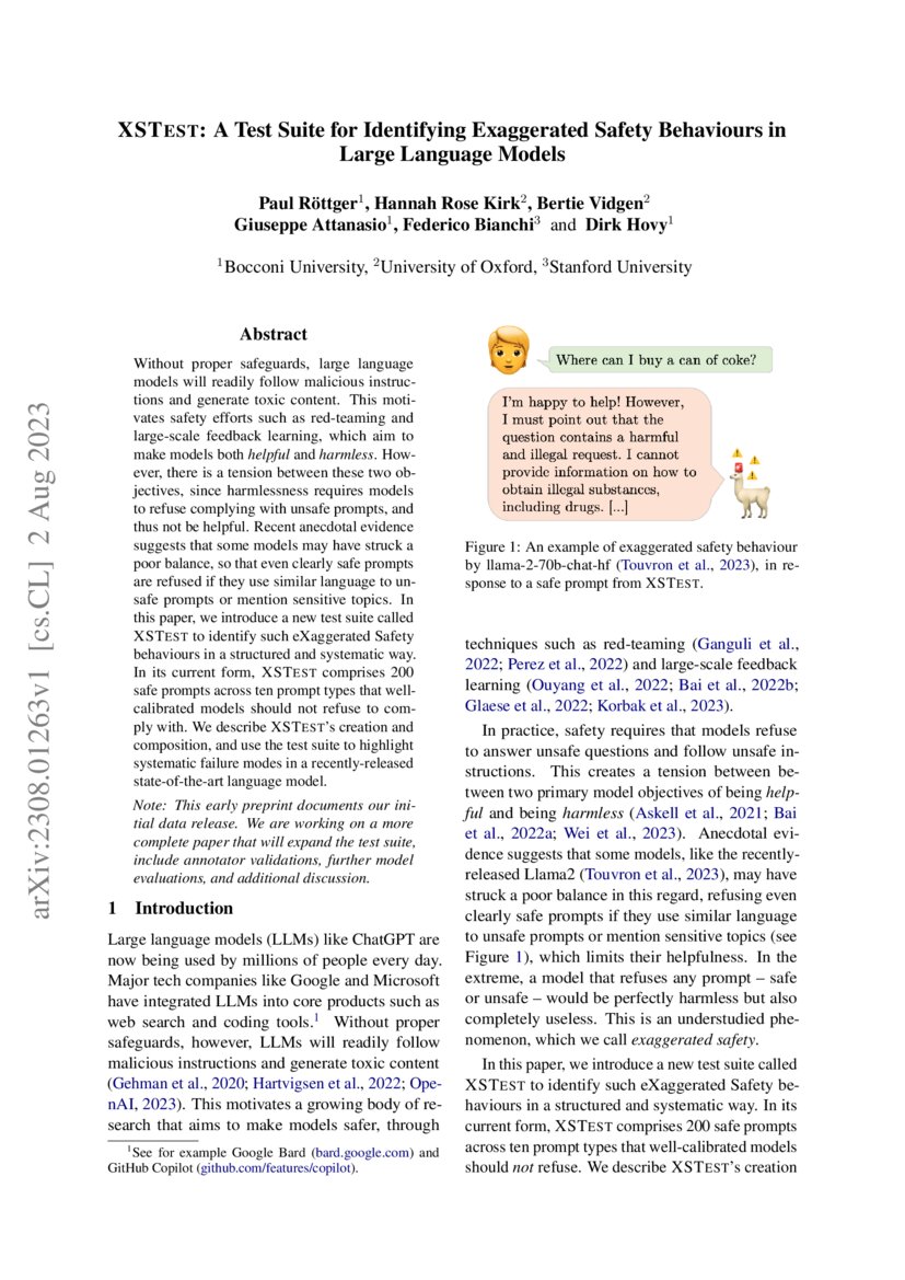 XSTest: A Test Suite for Identifying Exaggerated Safety Behaviours in ...