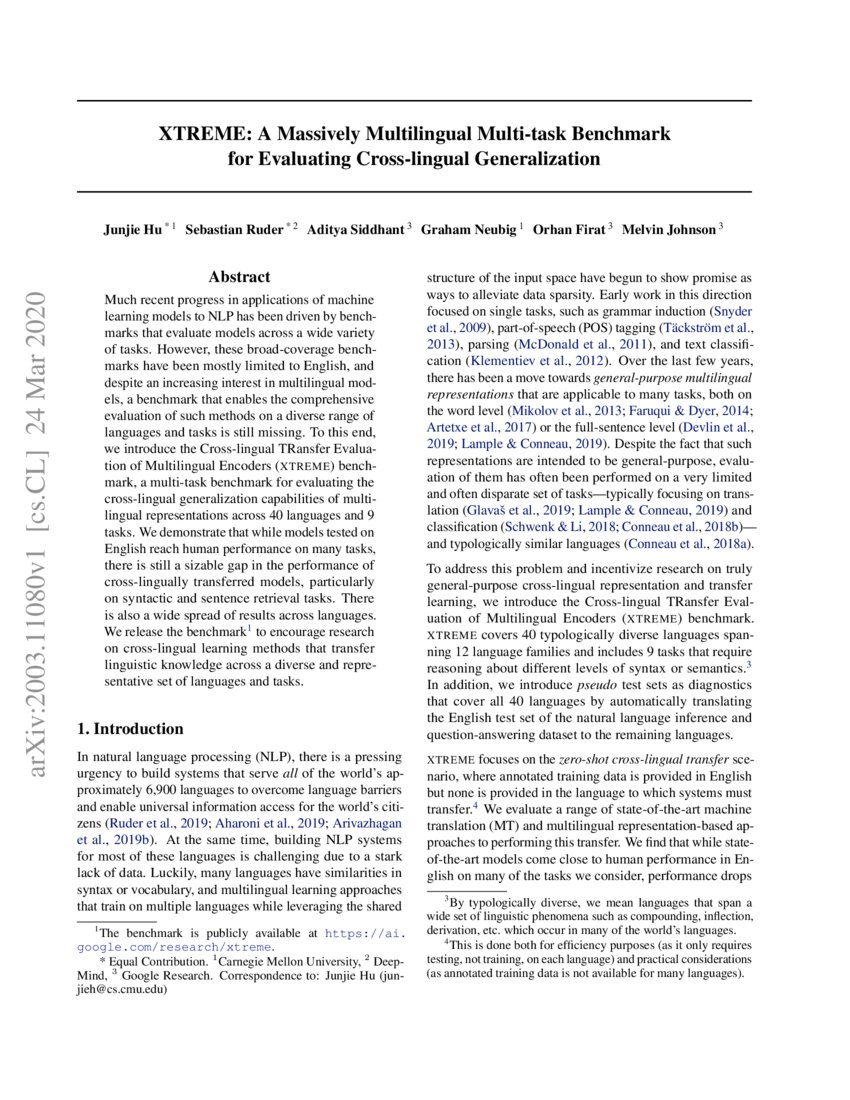 Xtreme A Massively Multilingual Multi Task Benchmark For Evaluating Cross Lingual