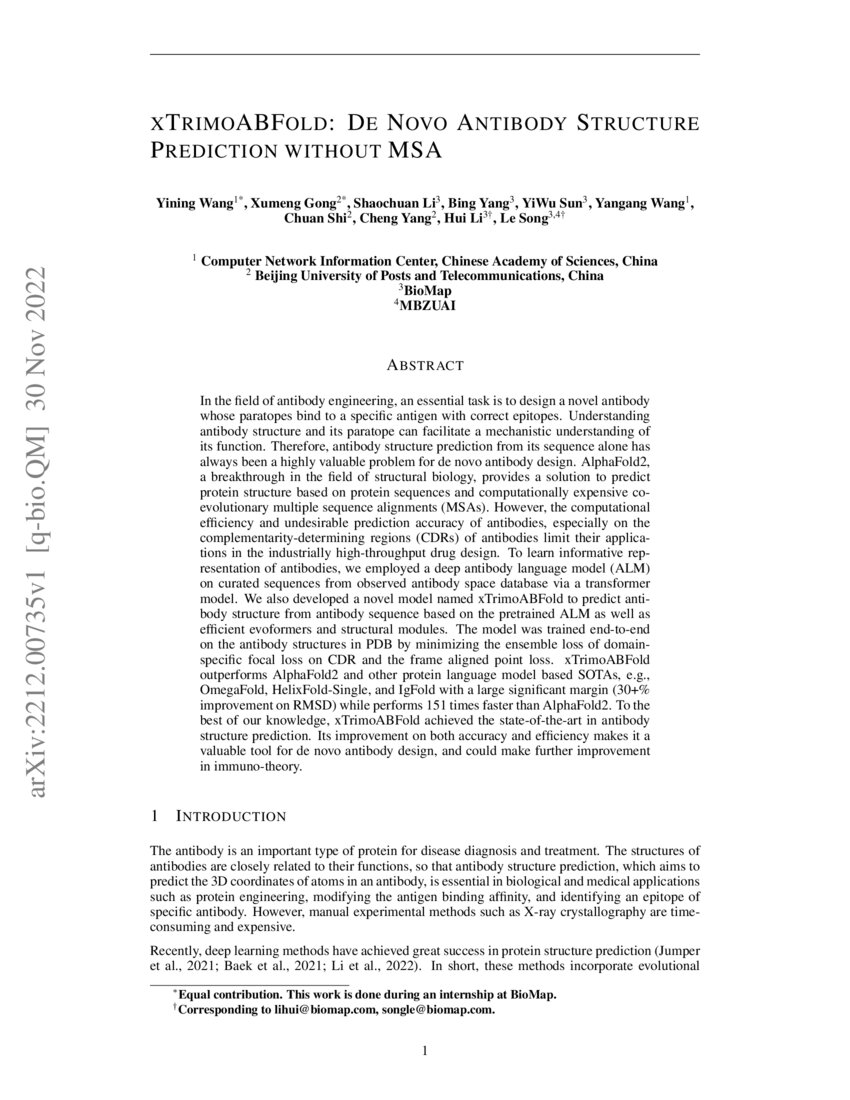 xTrimoABFold: Improving Antibody Structure Prediction without Multiple ... xTrimoABFold: Improving Antibody Structure Prediction without Multiple ...