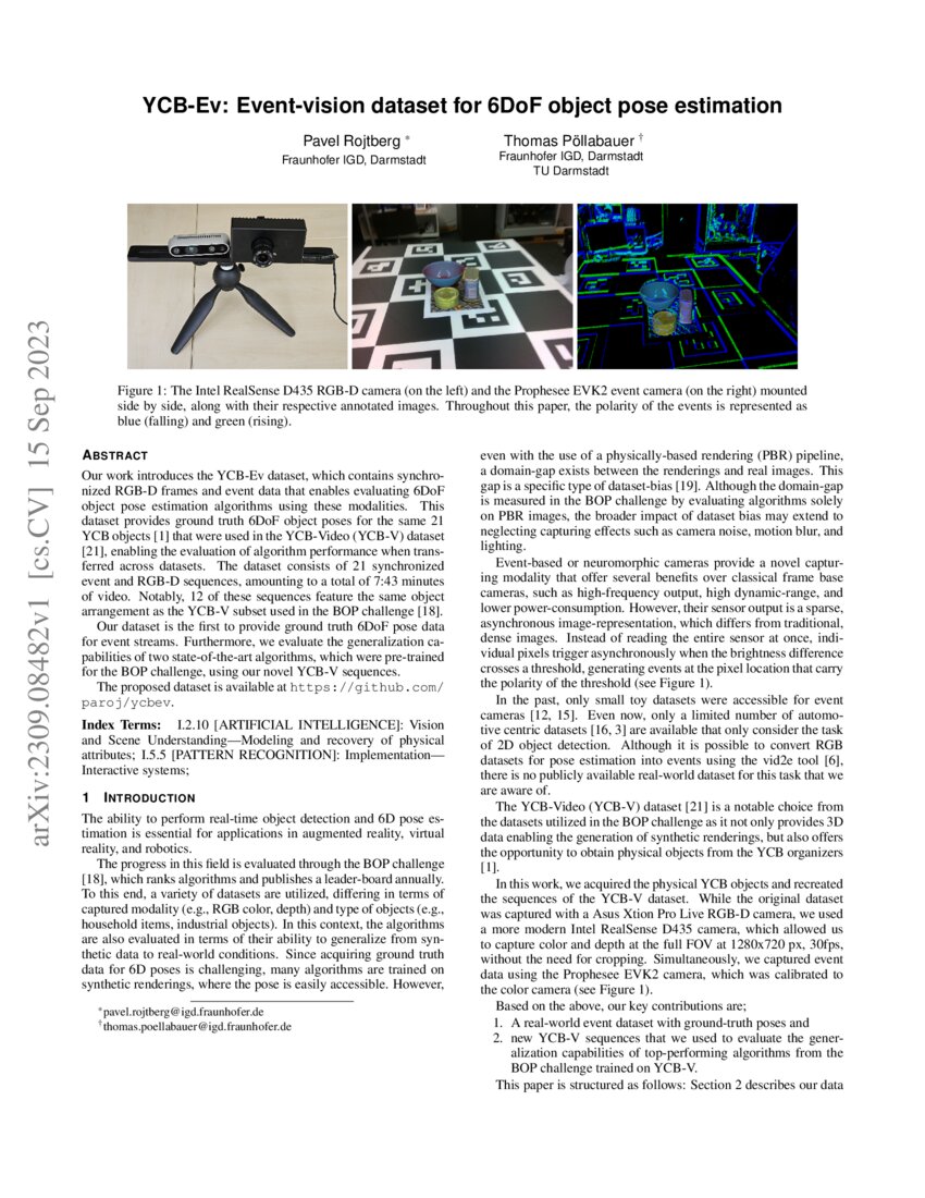 Ycb Ev Event Vision Dataset For 6dof Object Pose Estimation Deepai