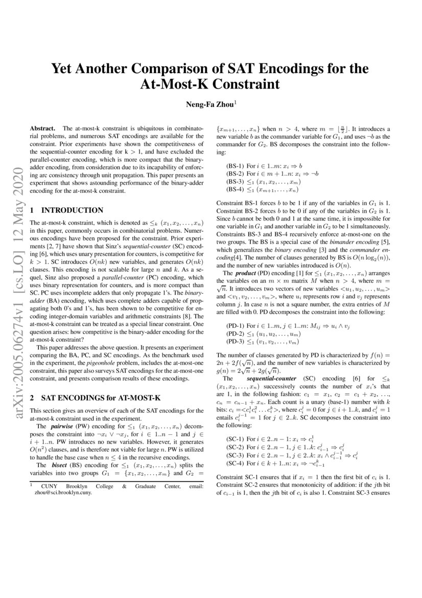 Yet Another Comparison of SAT Encodings for the At-Most-K Constraint ... Yet Another Comparison of SAT Encodings for the At-Most-K Constraint ...
