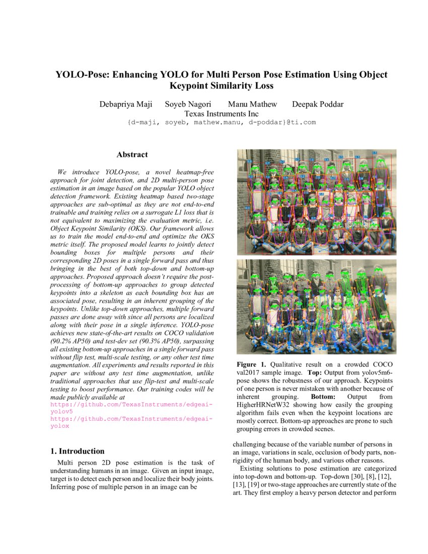 Yolo Pose Enhancing Yolo For Multi Person Pose Estimation Using Object Keypoint Similarity Loss