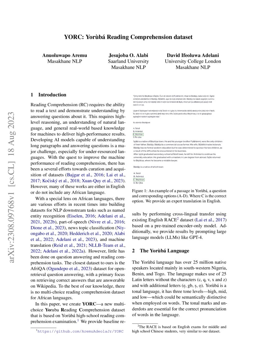 YORC: Yoruba Reading Comprehension dataset | DeepAI