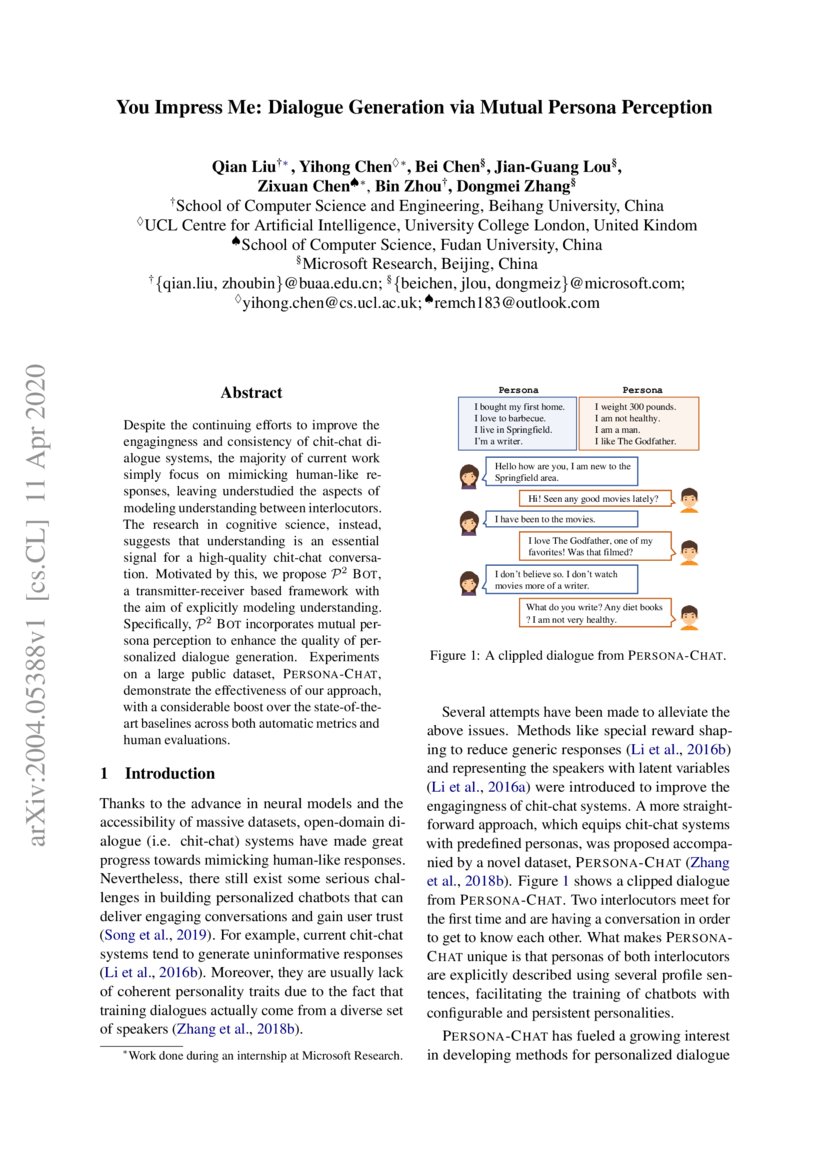 You Impress Me: Dialogue Generation via Mutual Persona Perception | DeepAI