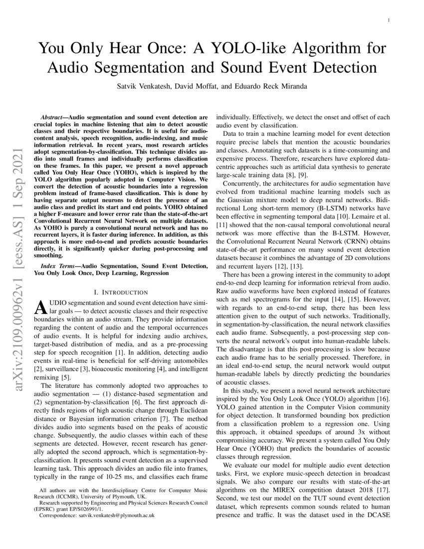 You Only Hear Once A Yolo Like Algorithm For Audio Segmentation And Sound Event Detection Deepai