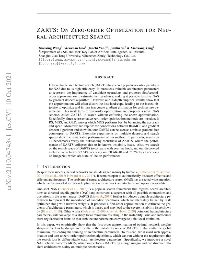 ZARTS: On Zero-order Optimization for Neural Architecture Search | DeepAI