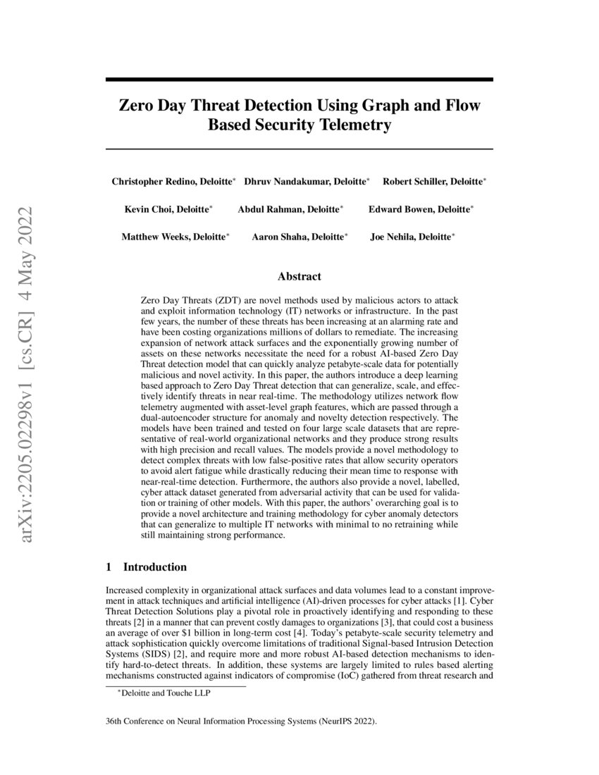Zero Day Threat Detection Using Graph and Flow Based Security Telemetry | DeepAI