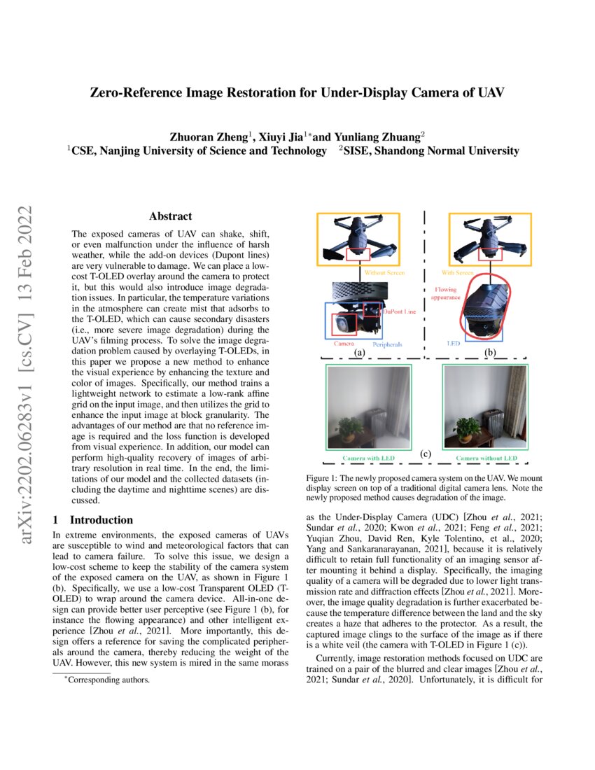 Zero-Reference Image Restoration for Under-Display Camera of UAV | DeepAI